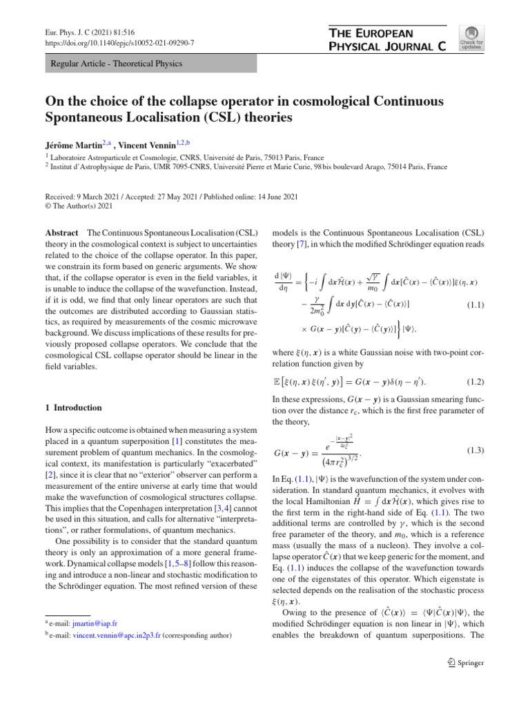 Onthe Choice of The Collapse Operator in Cosmological Continuous | PDF ...