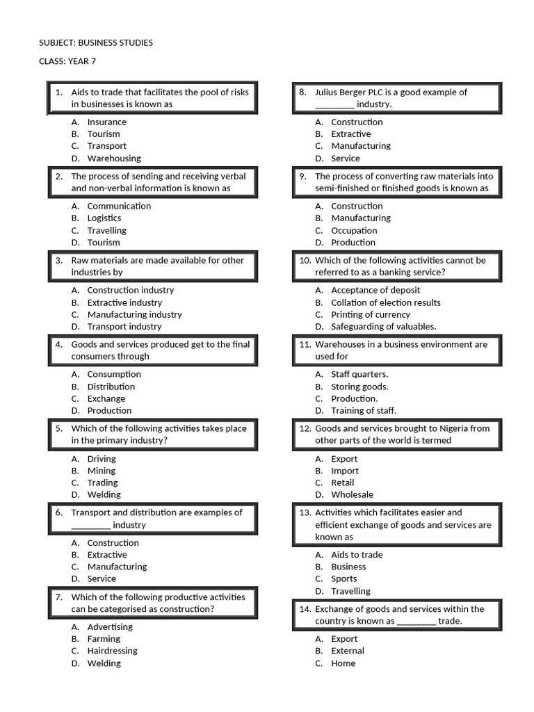 Year 7 Business Studies Quiz Guide | PDF | Warehouse | Trade
