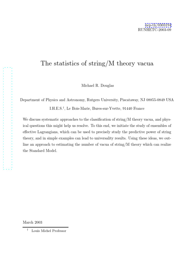The Statistics of String/m Theory Vacua: Louis Michel Professor | PDF ...