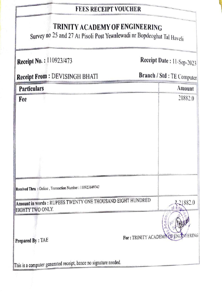 Trinity Academy Fees Receipt Details | PDF