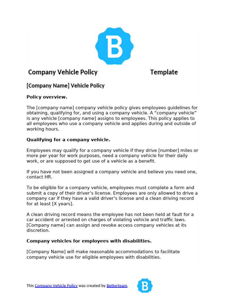 Company Vehicle Usage Policy Template | PDF | Driver's License | Driving