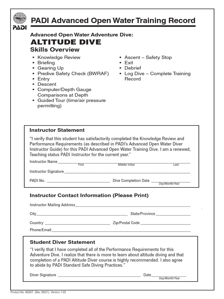 660DT PADI Advanced Open Water Training Record | PDF | Scuba Diving | Underwater Diving