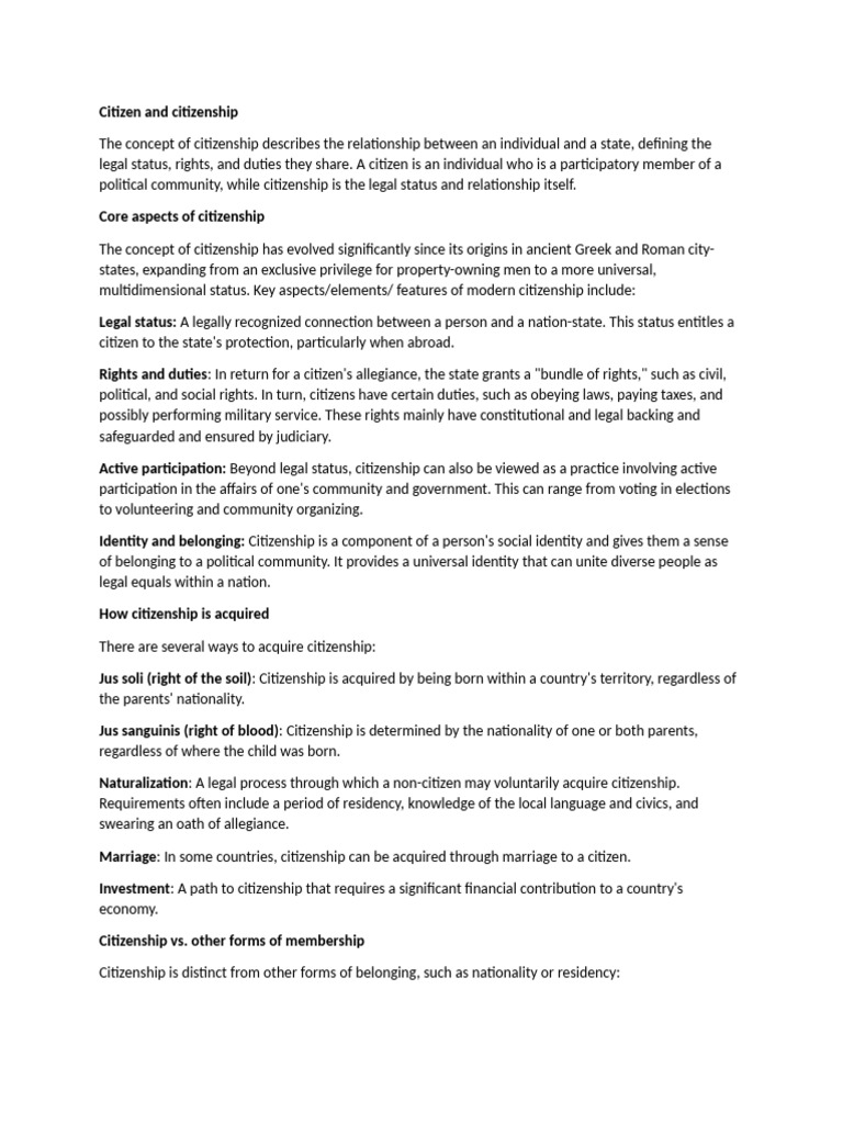 Understanding Citizenship and Its Aspects | PDF | Citizenship | Nationality