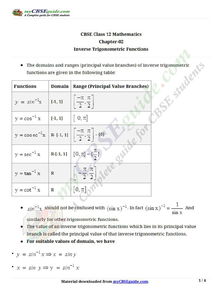 12 Maths Key Notes CH 02 Inverse Trigonometric Fun 250620 153034 | PDF