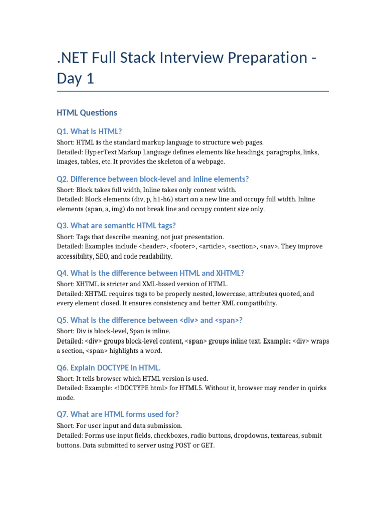 Day1 DotNet FullStack Interview QA AllTopics | PDF | Html | Html Element