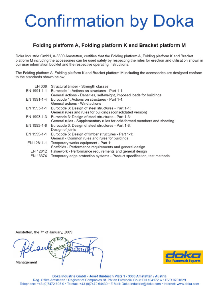 Certificacion Doka Plataformas Folding a, Folding Platform K and Bracket Platform M | PDF