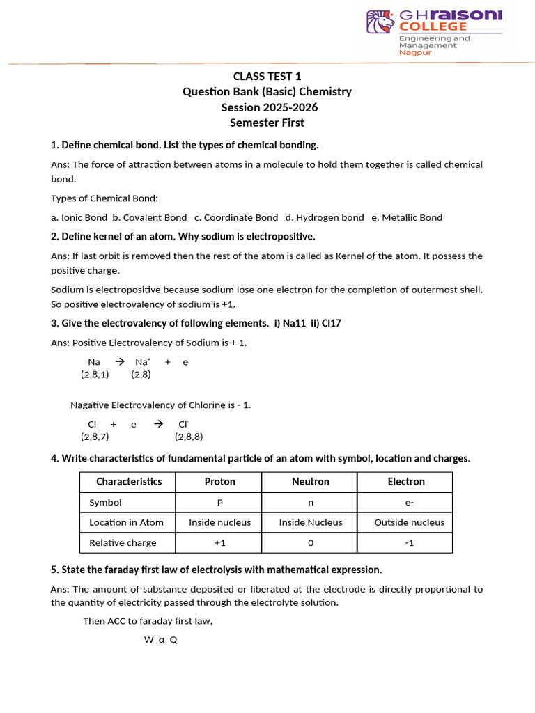 Class Test I Basic Chemistry - Q.B. (Ans) | PDF | Ion | Chemical Bond