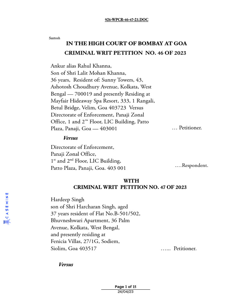 Quashing PMLA Proceedings in Goa Case | PDF | Crimes | Crime & Violence