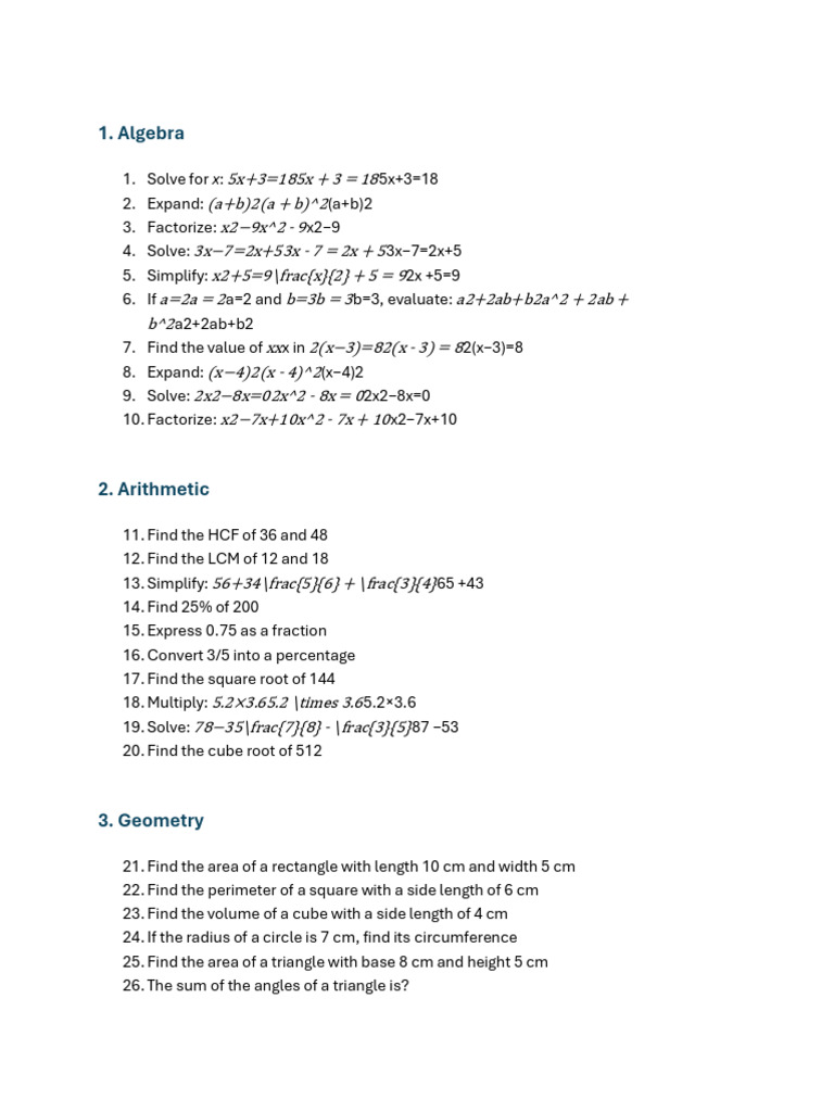Math Problems: Algebra, Geometry & More | PDF | Area | Length
