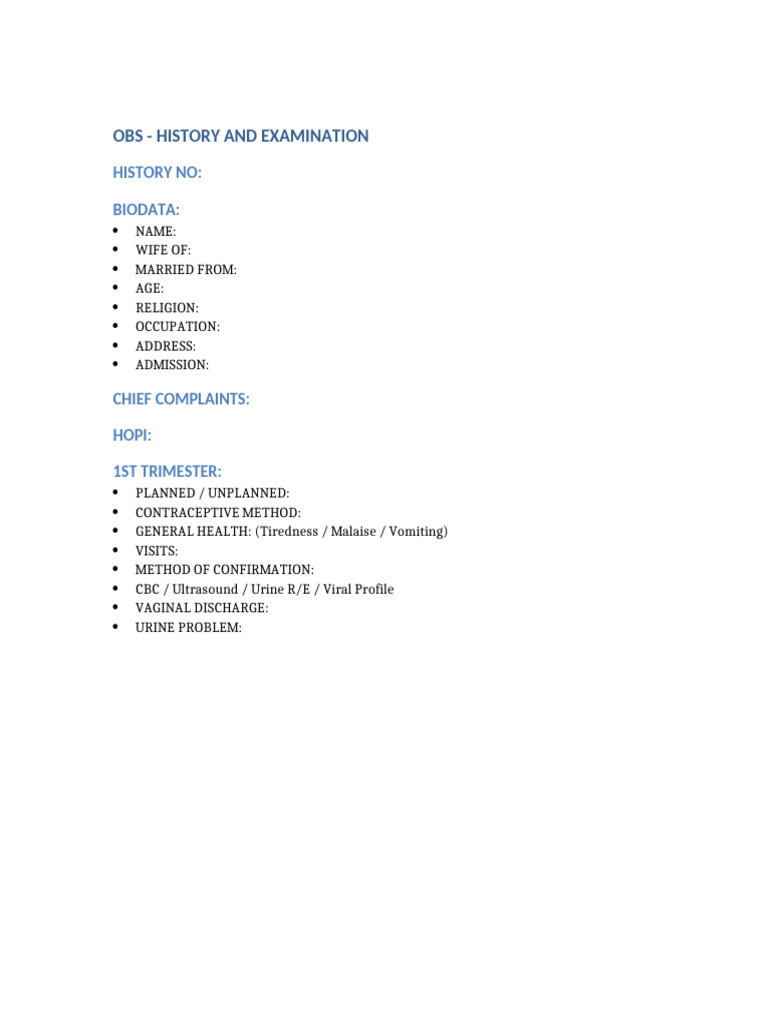 Obstetric History and Examination Form | PDF