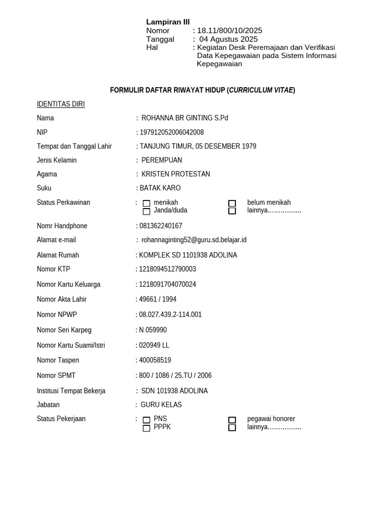CV Rohan Ginting: Data Pribadi & Pendidikan | PDF