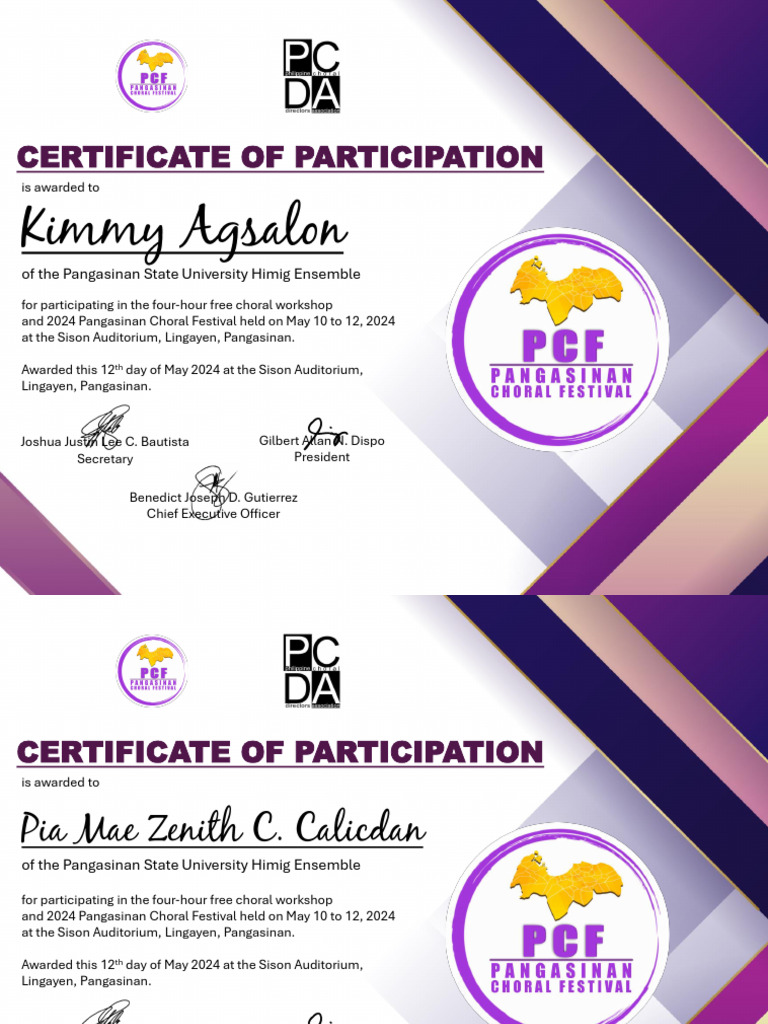 PCF Certificates PSU Himig Ensemble | PDF
