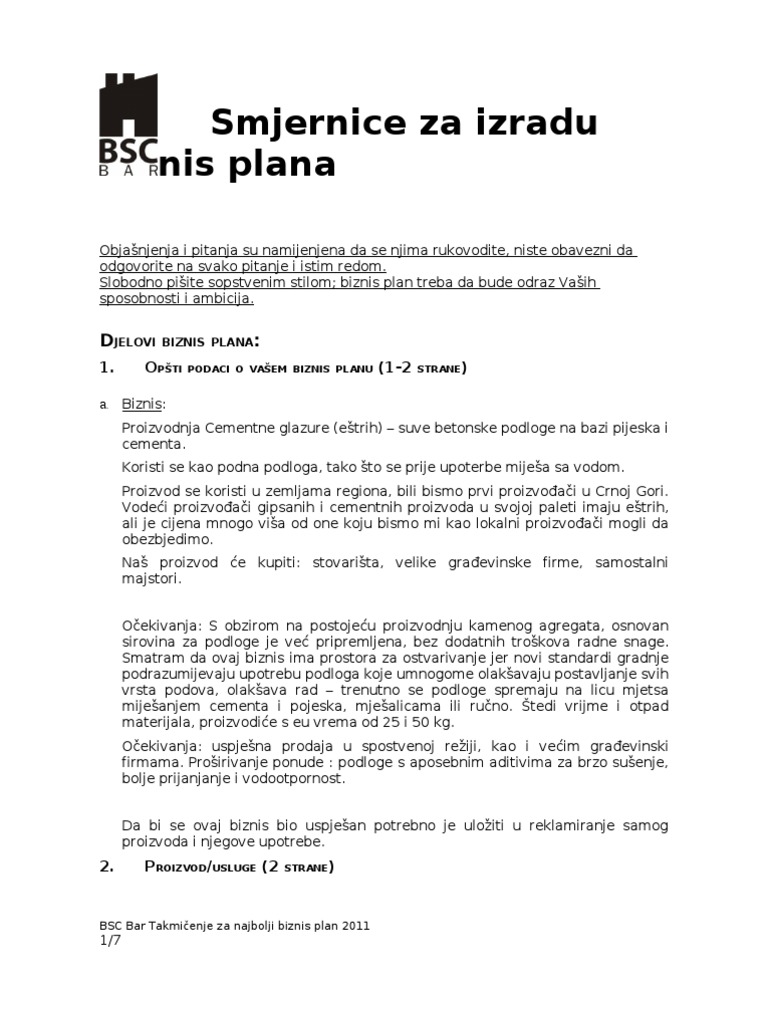 Smjernice Za Izradu Biznis Plana | PDF