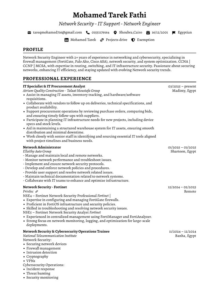 Mohamed Tarek Fathi CV 2025 V2-2 | PDF | Computer Network | Firewall (Computing)