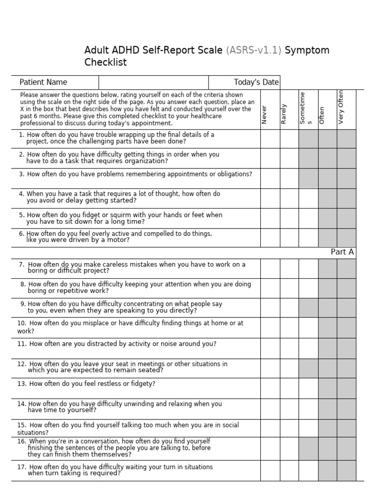 Adult ADHD Self-Report Scale Checklist | PDF | Attention Deficit ...