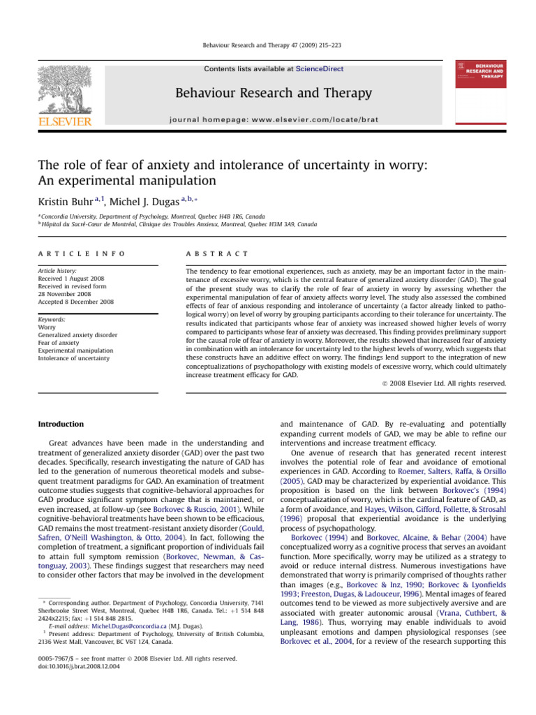 The Role of Fear of Anxiety and Intolerance of Uncertainty in Worry ...