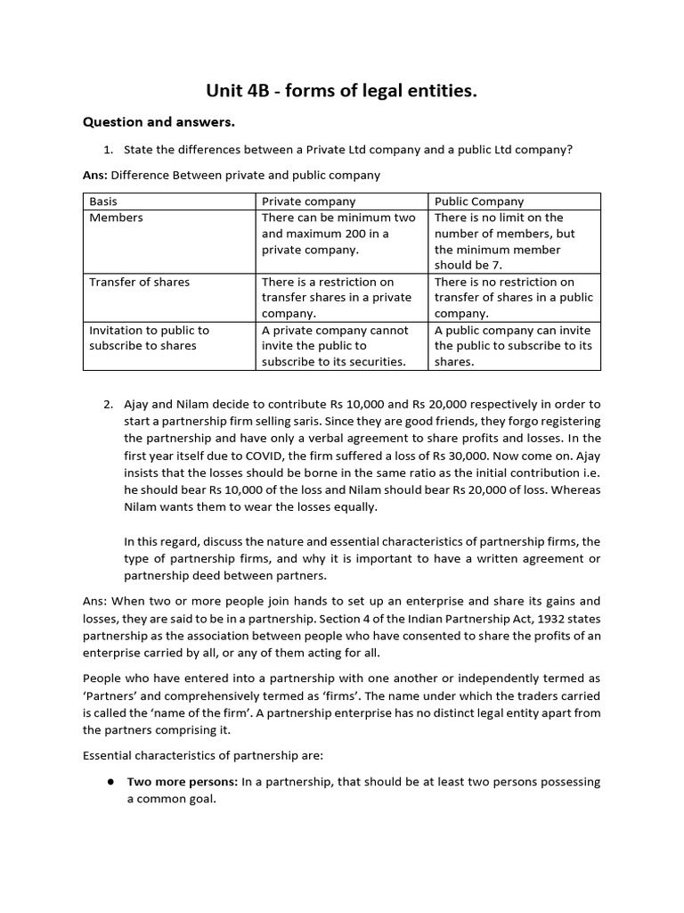 UNIT 4B - Forms of Legal Entities | PDF | Partnership | Sole Proprietorship