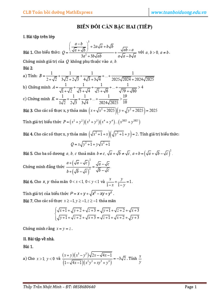 (9.1A- BTTL+BTVN-B2) BIẾN ĐỔI CĂN BẬC HAI (TIẾP) | PDF