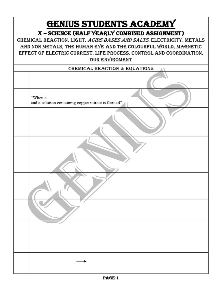 X Science Half Yearly Combined Assignment (Ok) | PDF | Sodium Chloride | Chemical Reactions