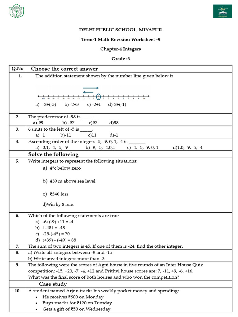 Grade 6 Math: Integers Revision Worksheet | PDF