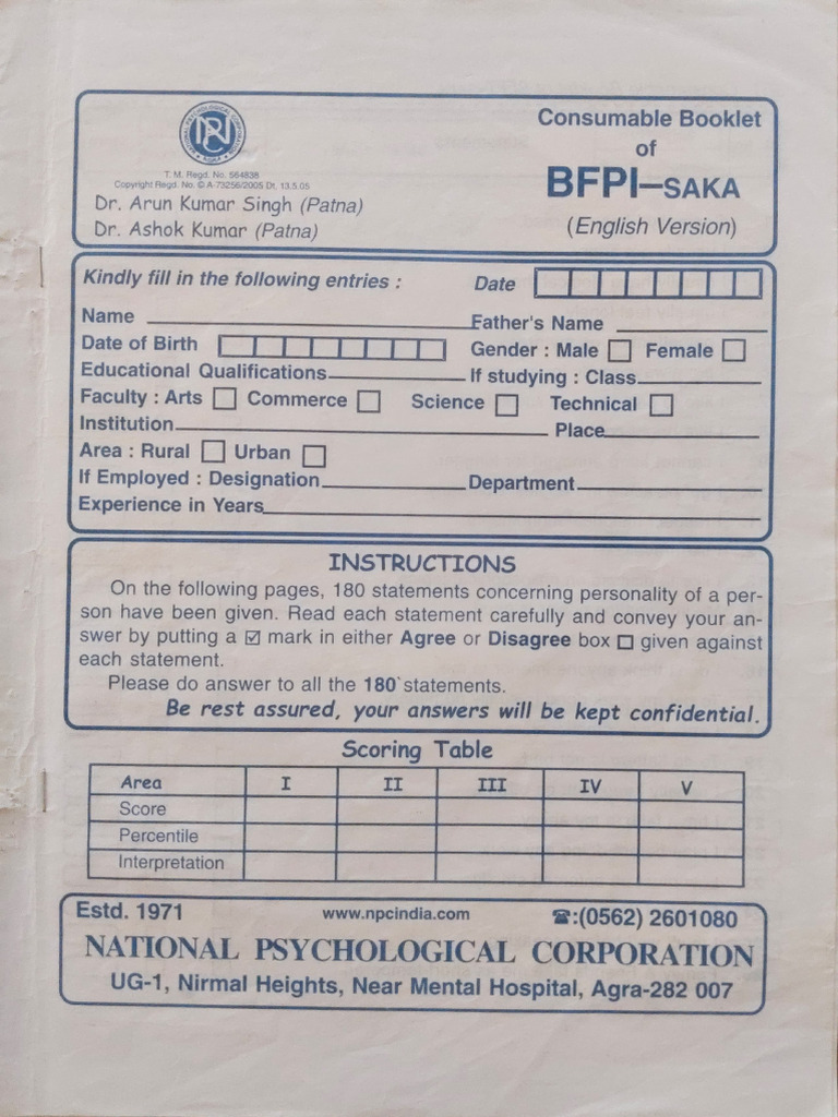 BFPI-SAKA Personality Assessment Form | PDF | Psychological Concepts ...