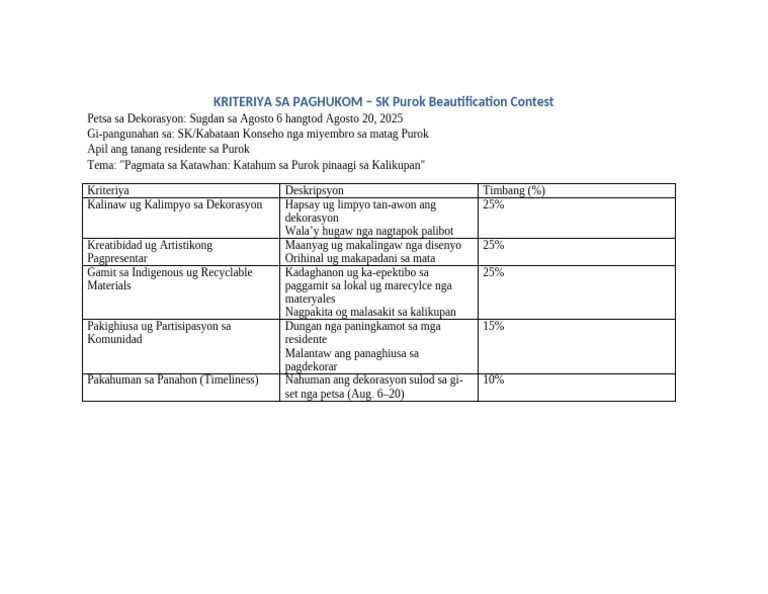 Kriteriya SK Purok Beautification | PDF