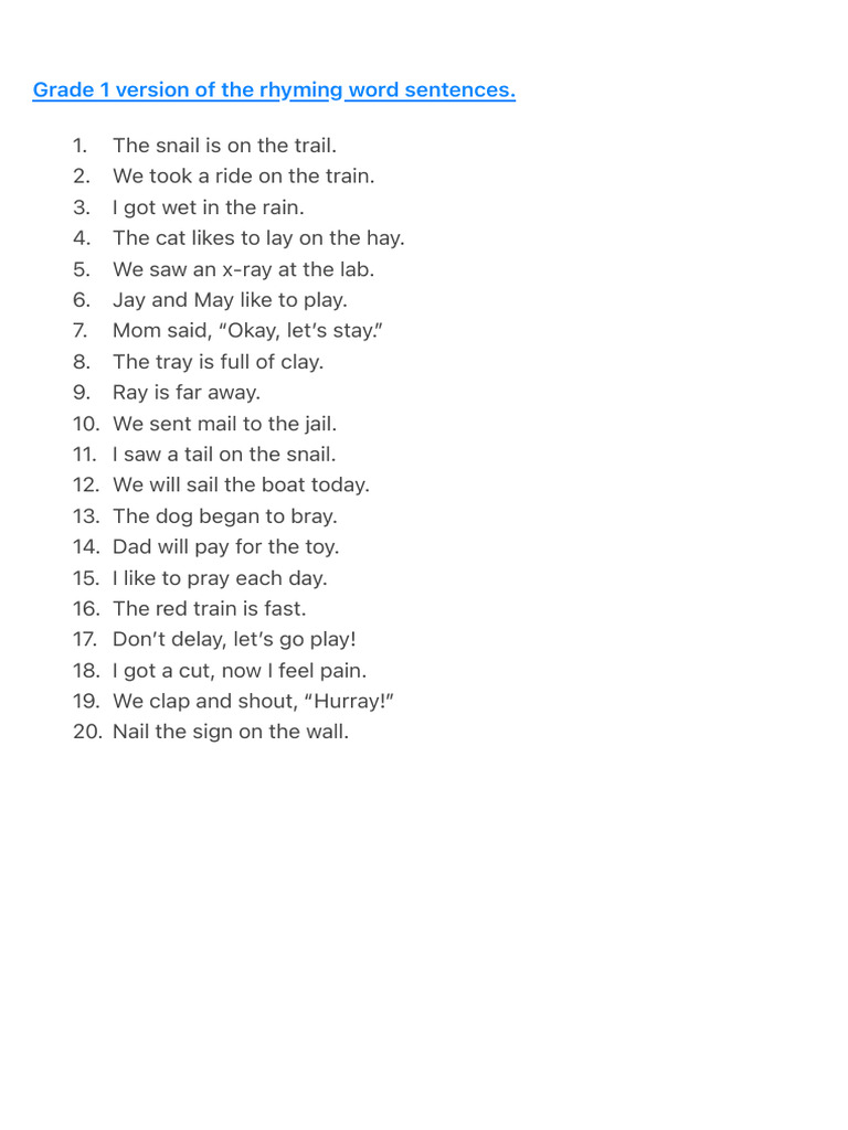 Grade 1 Version of The Rhyming Word Sentences | PDF