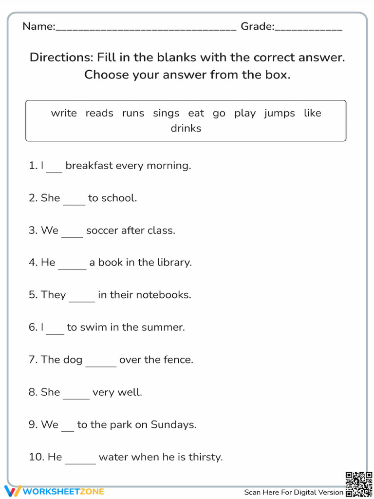 Action Verbs Fill in The Blanks Worksheet | PDF
