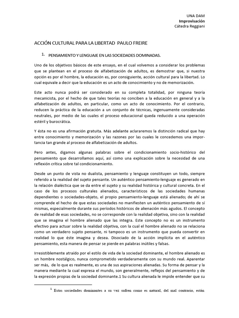 Freire Acción Cultural para La Libertad Cap. 1 y 2 | PDF | Pensamiento ...