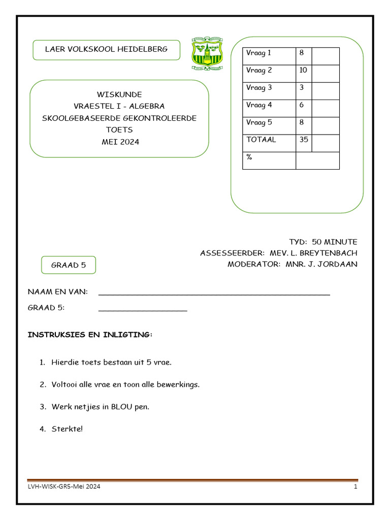 Wisk - Vraestel 1 - Algebra -Gr 5 - T2- 2024 | PDF