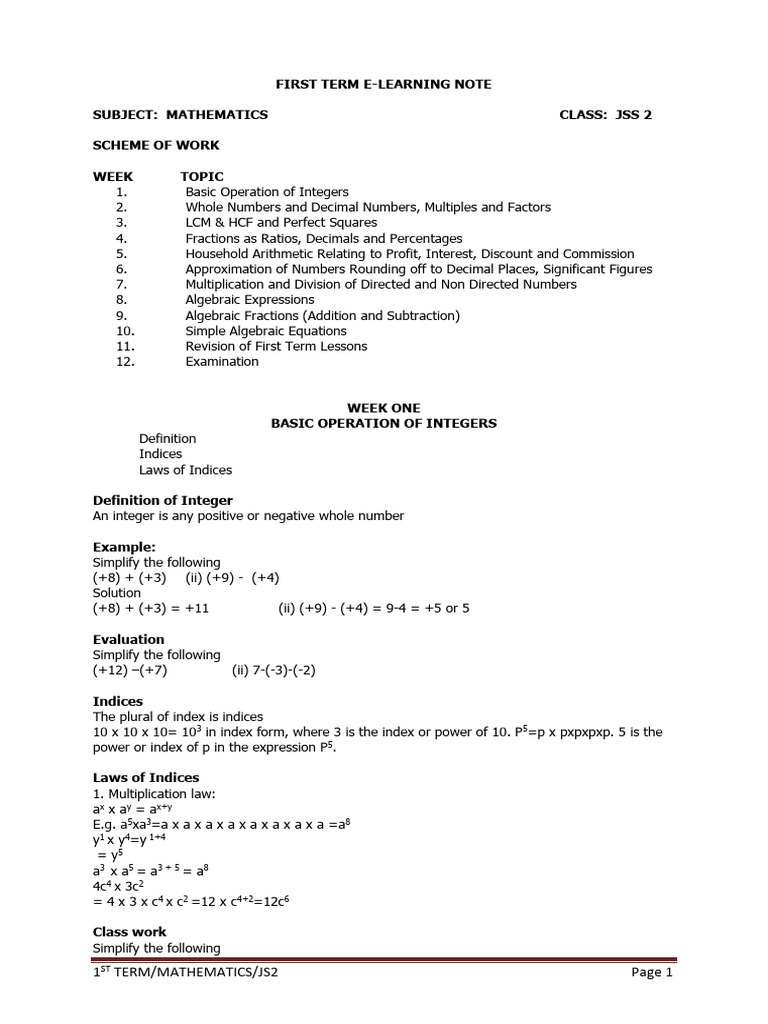 First Term JSS2 Mathematics | PDF | Integer | Numbers