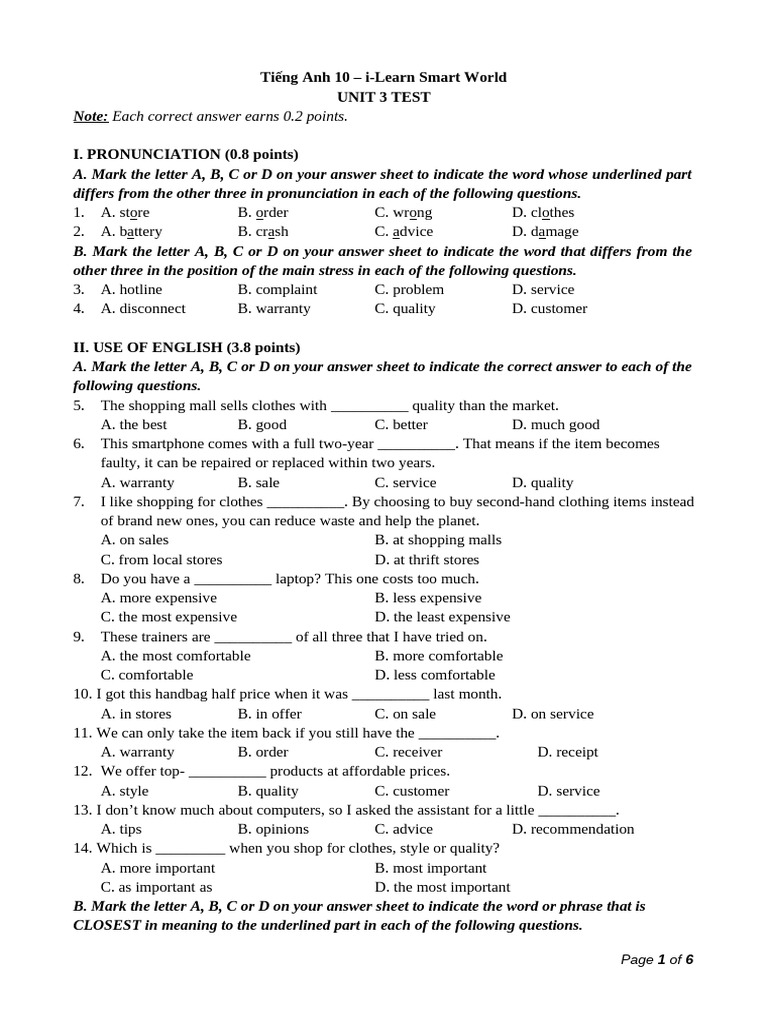 Unit 3 Test: English 10 Pronunciation & Usage | PDF | Online Shopping