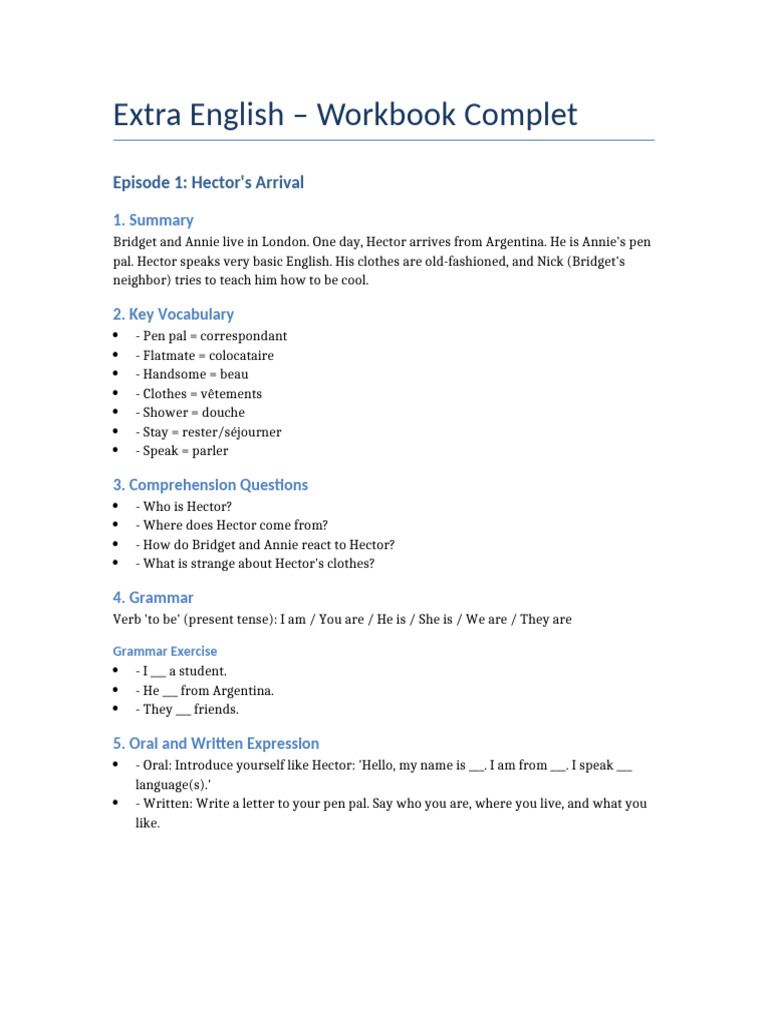 Extra English Episode 1 Workbook | PDF