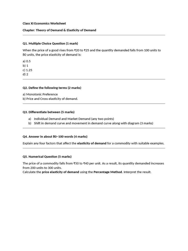 Class XI Economics: Demand & Elasticity Worksheet | PDF