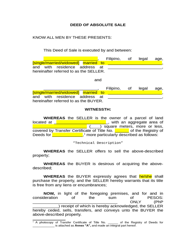 Deed of Sale of Land (Clean Title) Template | PDF | Deed | Property Law