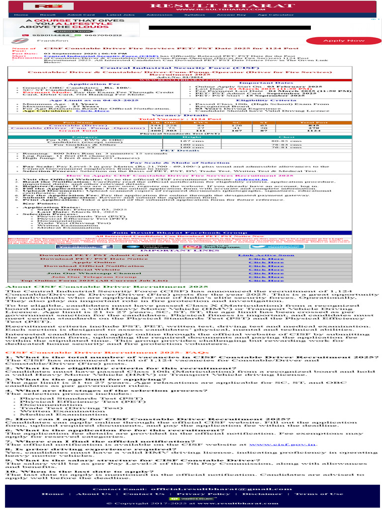CISF Constable Driver PET PST Date 2025 (1124 Post) Available at Cisf ...