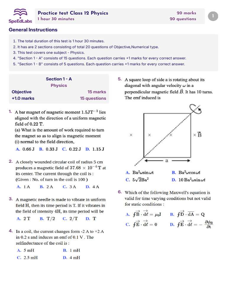 Class 12 Physics Practice Test | PDF