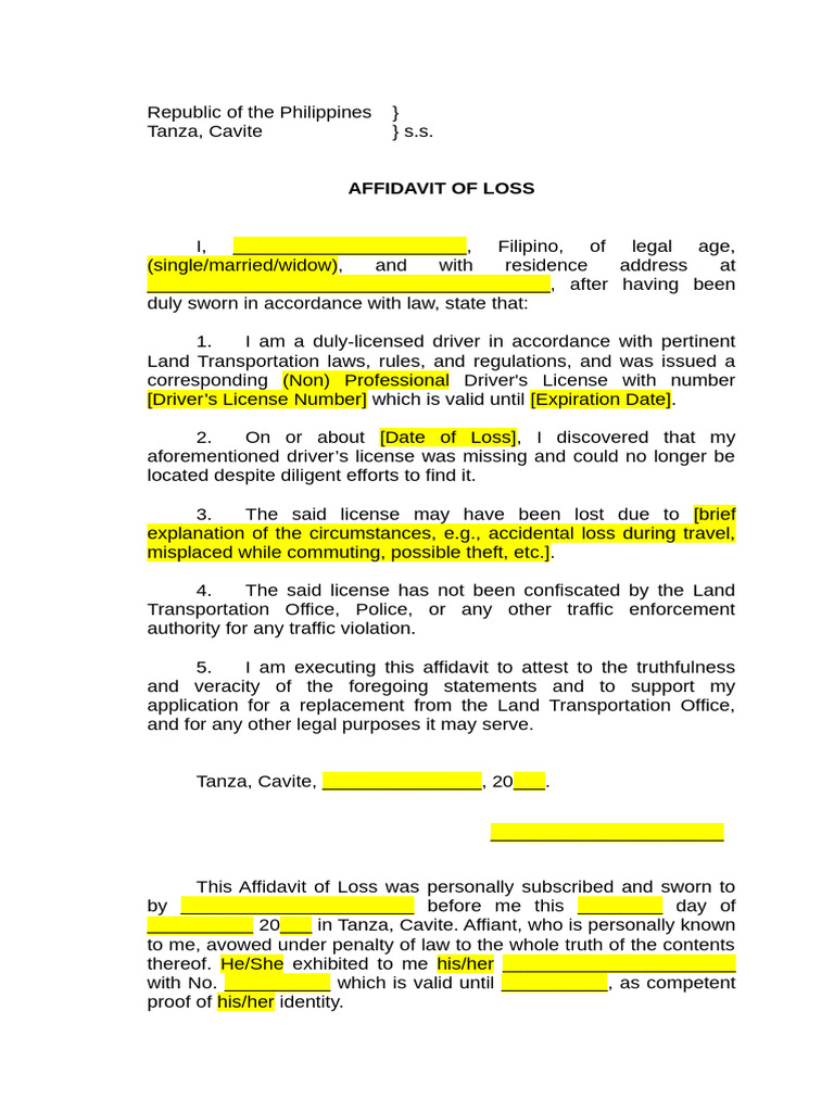 Affidavit of Loss of Driver's License Template | PDF