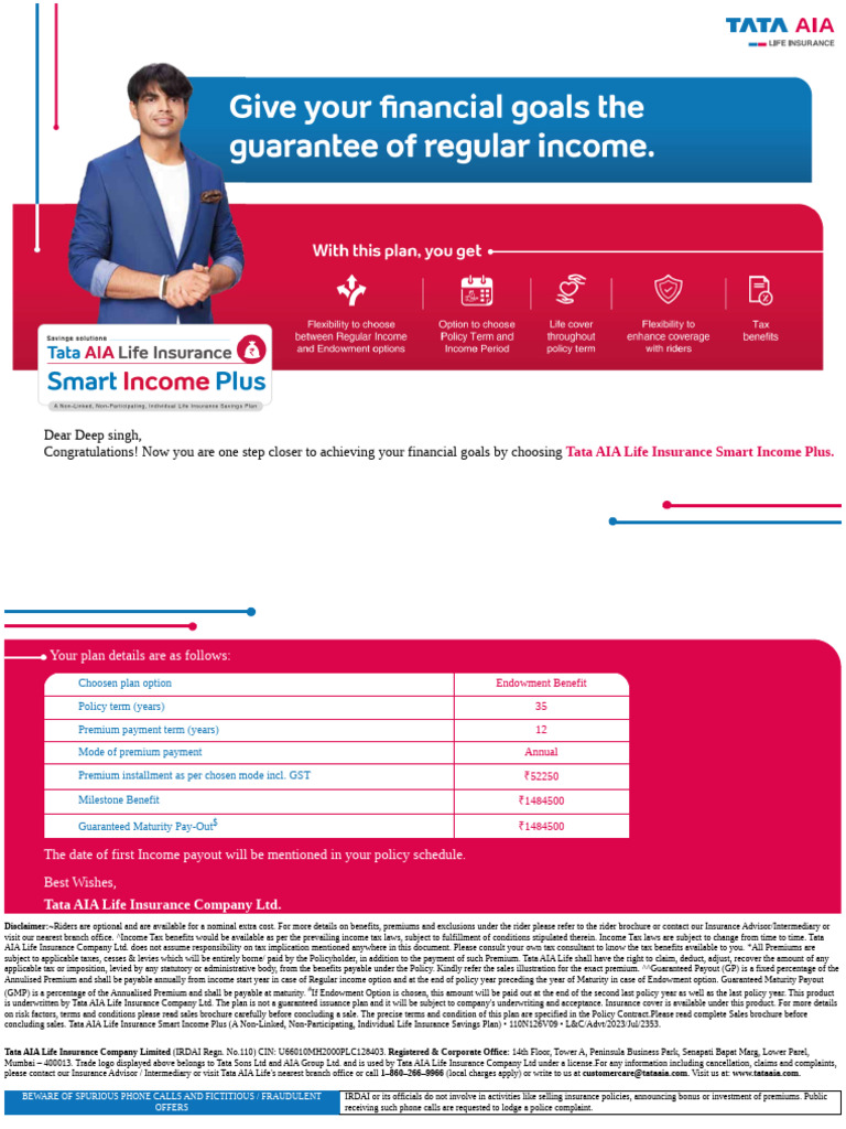 Tata AIA Smart Income Plus Plan Details | PDF | Life Insurance | Insurance