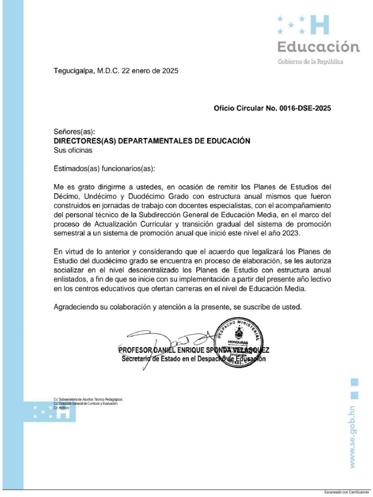 Oficio Circular No. 0016-DSE-2025 | PDF
