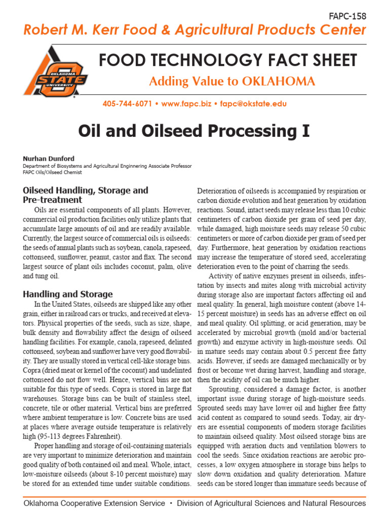 Oil And Oilseed Processing I Fapc 158 Pdf Vegetable Oil Seed
