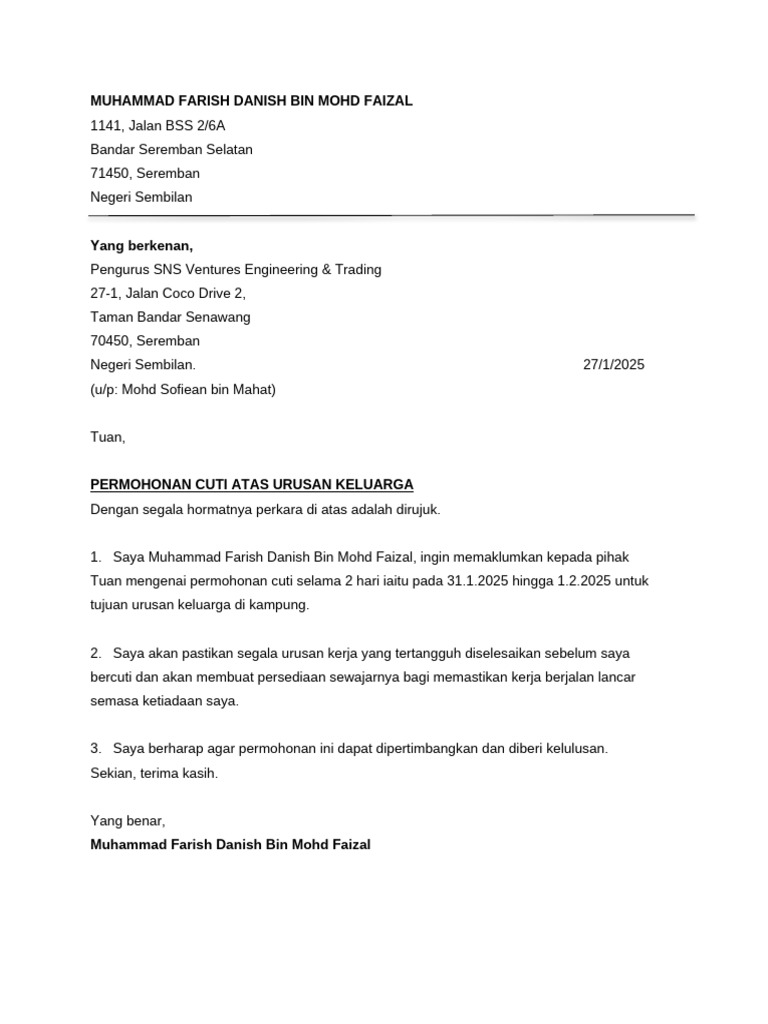 Surat Cuti Muhammad Farish Danish | PDF