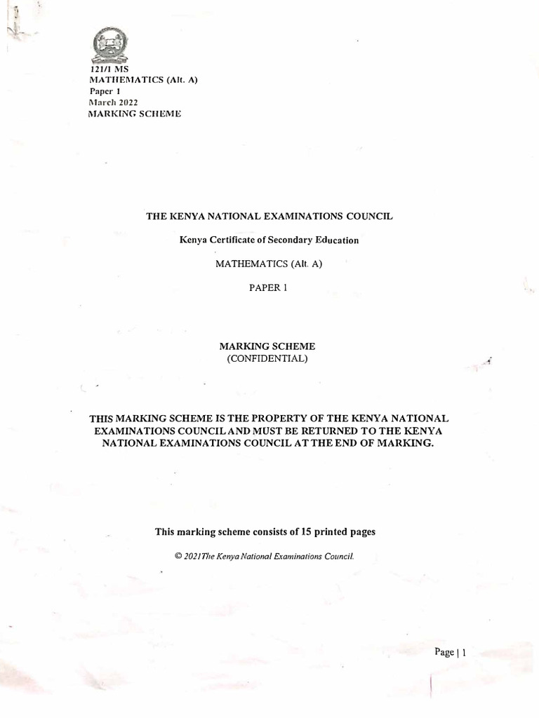 2021 KCSE Mathematics Paper 1 Marking Scheme | PDF