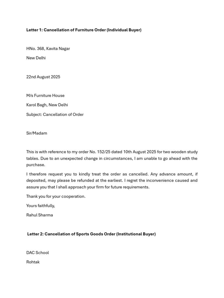 Class 10 Order Cancellation Letters | PDF