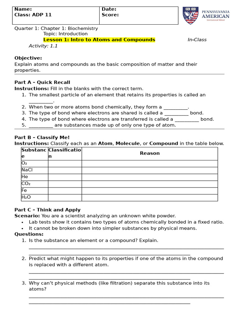 Bio11 - Q1W1 - In-Class Activity 1 - Atoms, Molecules & Compunds | PDF ...