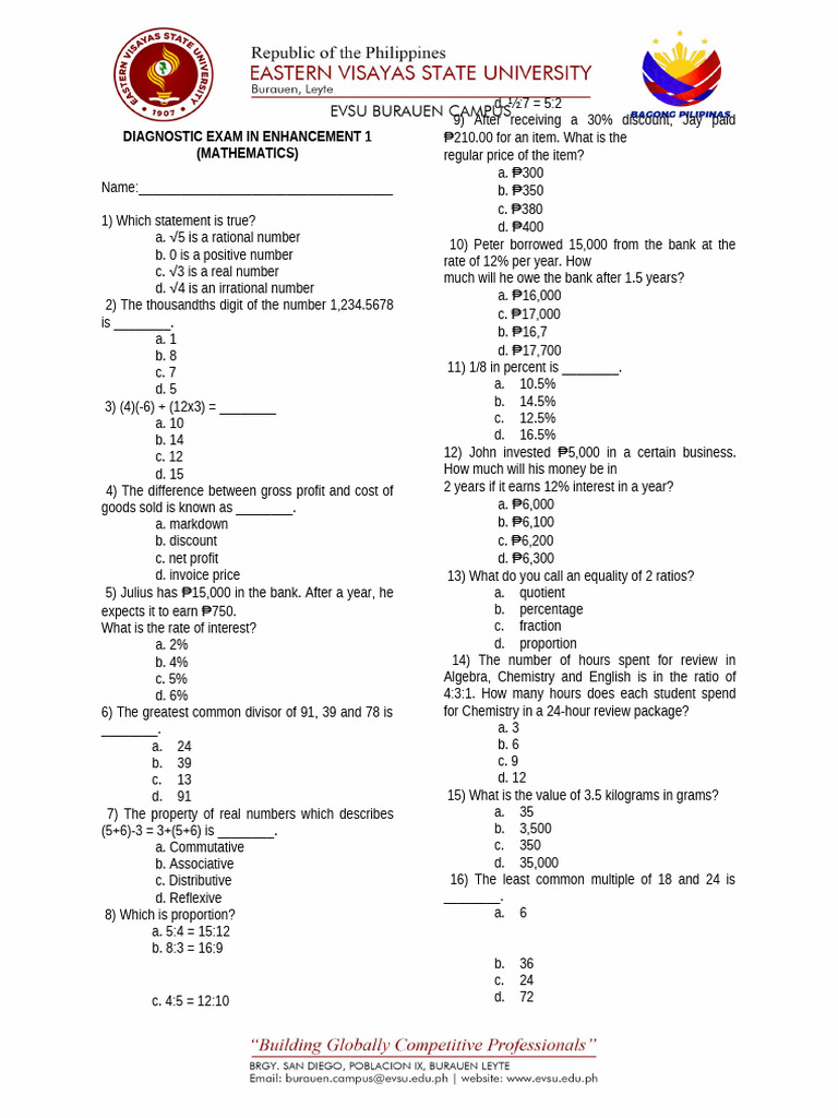Math Diagnostic Exam Questions | PDF | Ratio | Mathematics