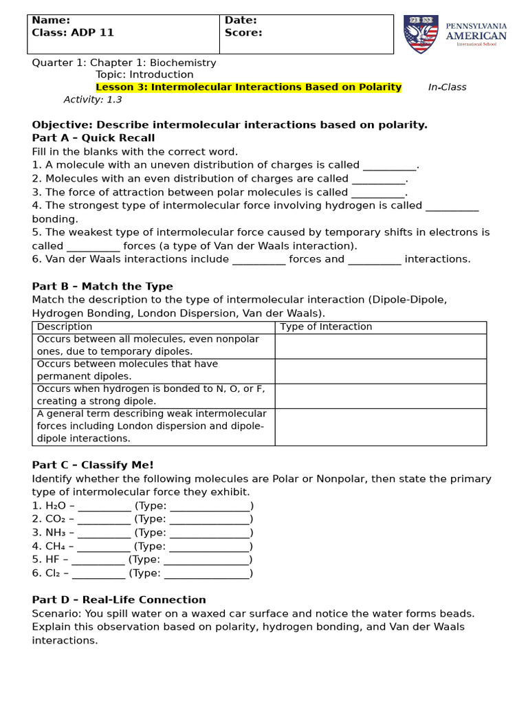 Bio11 - Q1W1 - In-Class Activity 3 - Intermolecular Forces | PDF ...