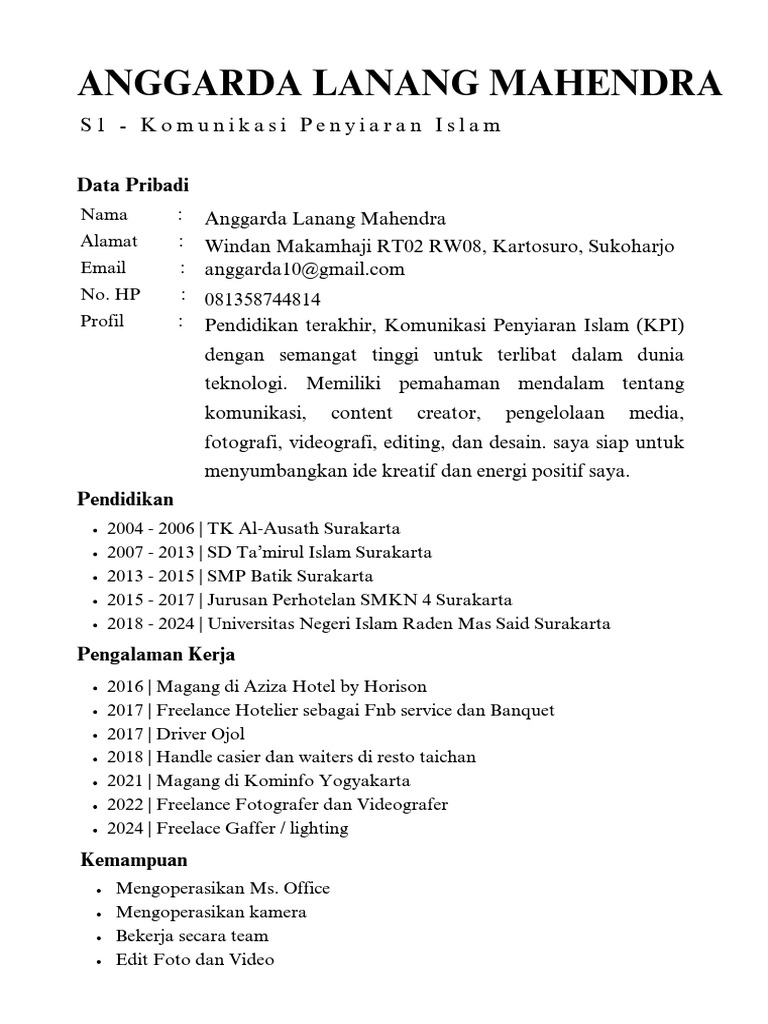 CV Anggarda Lanang 7-12-2024 | PDF