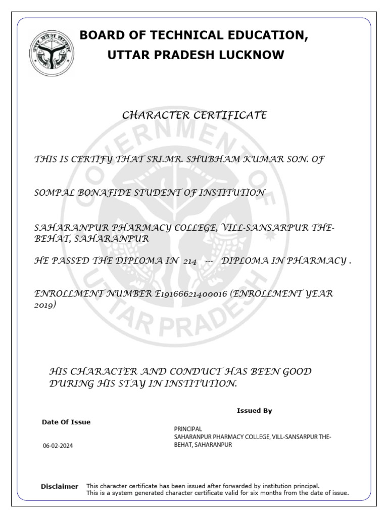Diploma in Pharmacy Character Certificate | PDF