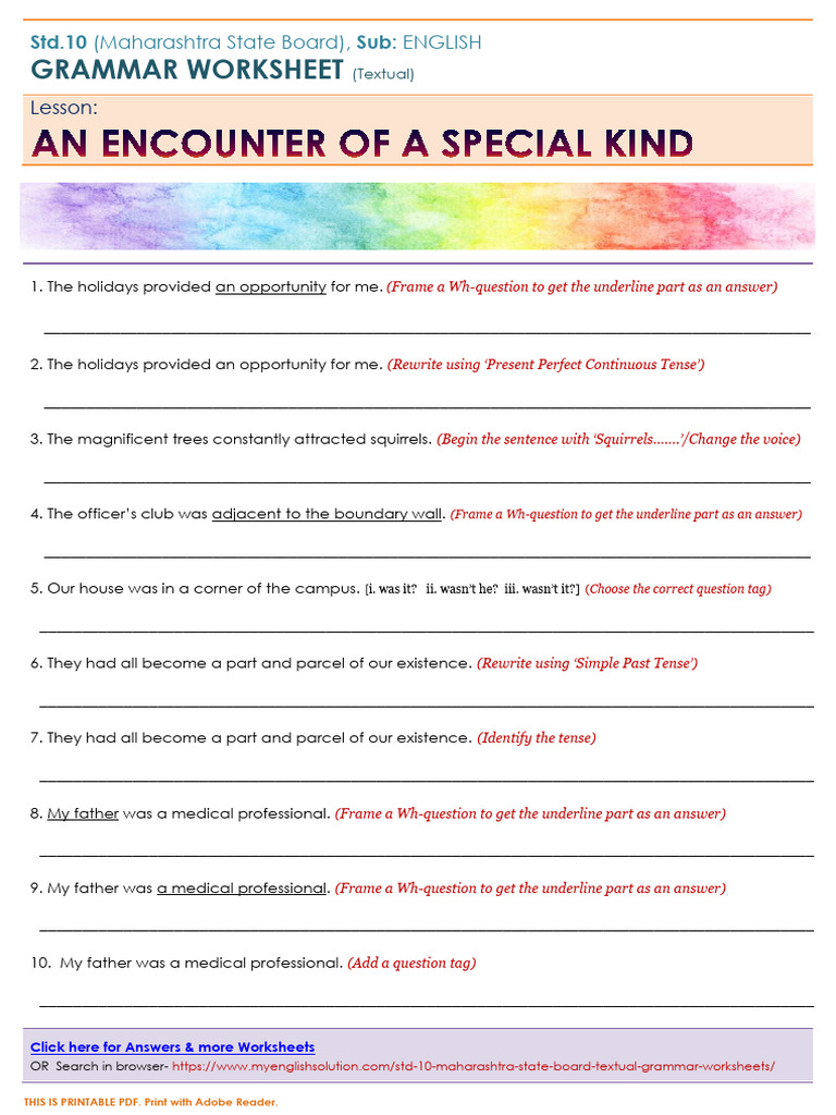 Std.10 Grammar Worksheet An Encounter of A Special Kind 1 | PDF